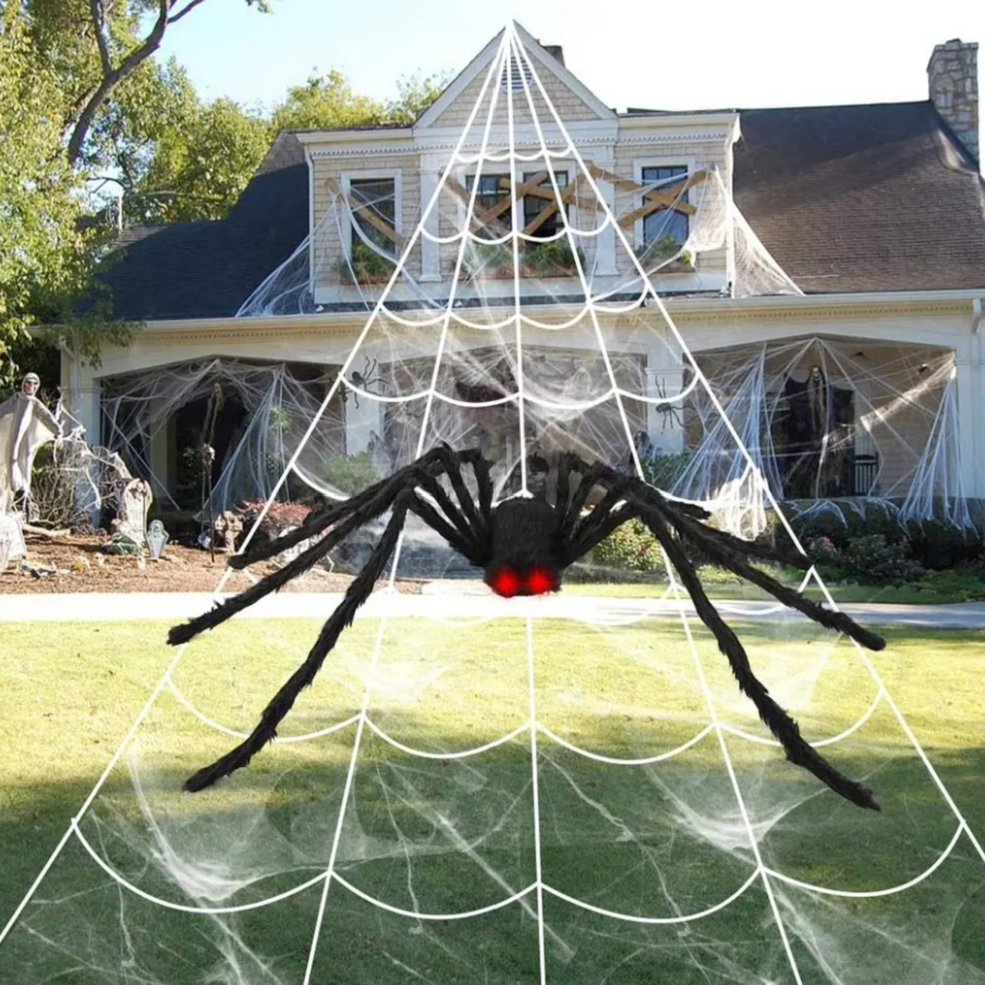 The Holiday Aisle® Halloween Spider Web 59" Giant Spider Decorations Fake Spider with Triangular ...